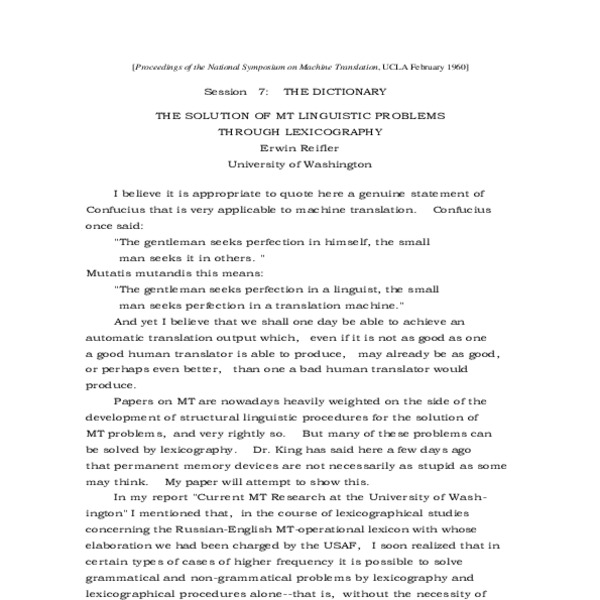The Solution of MT Linguistic Problems Through Lexicography - ACL Anthology