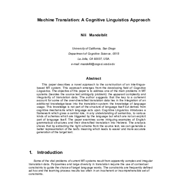 Machine Translation: A Cognitive Linguistics Approach - ACL Anthology