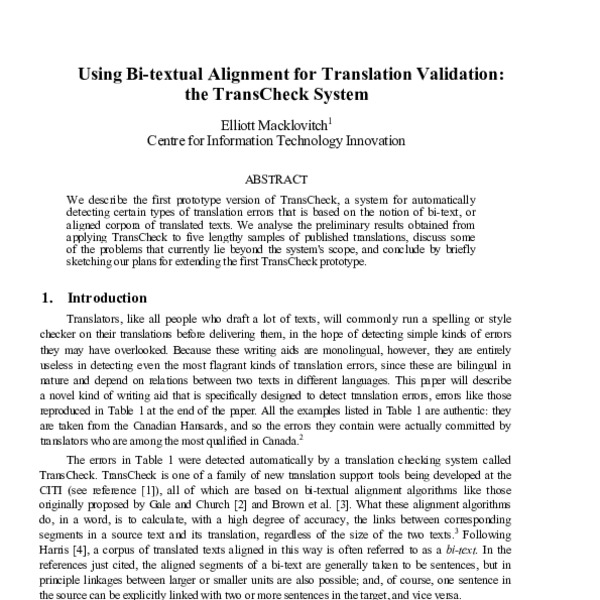 Using Bi Textual Alignment For Translation Validation The Transcheck System Acl Anthology