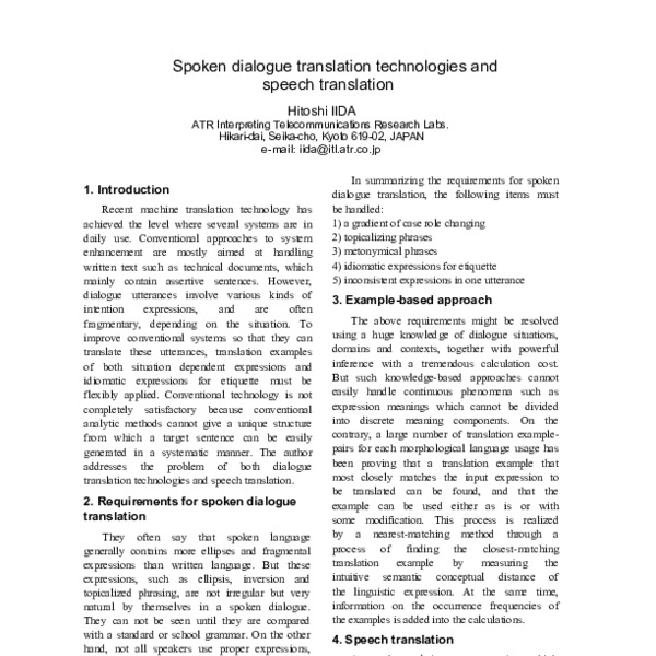 Spoken dialogue translation technologies and speech translation - ACL ...