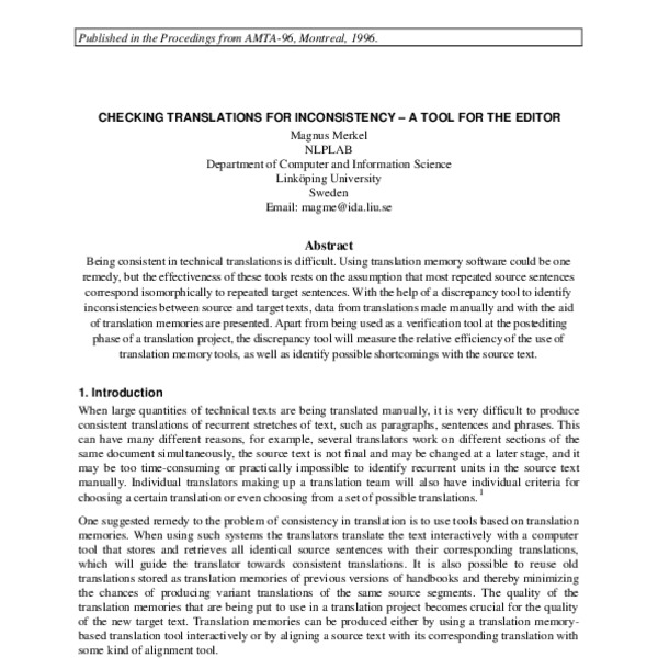 Checking translations for inconsistency - a tool for the editor - ACL ...