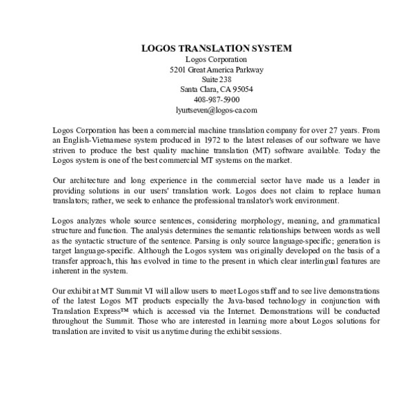 Logos Corporation: Logos Translation System - ACL Anthology