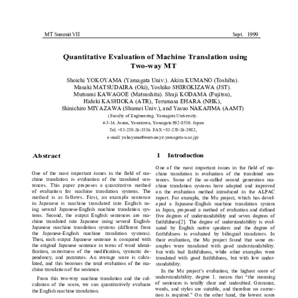 Quantitative Evaluation Of Machine Translation Using Two Way Mt Acl Anthology