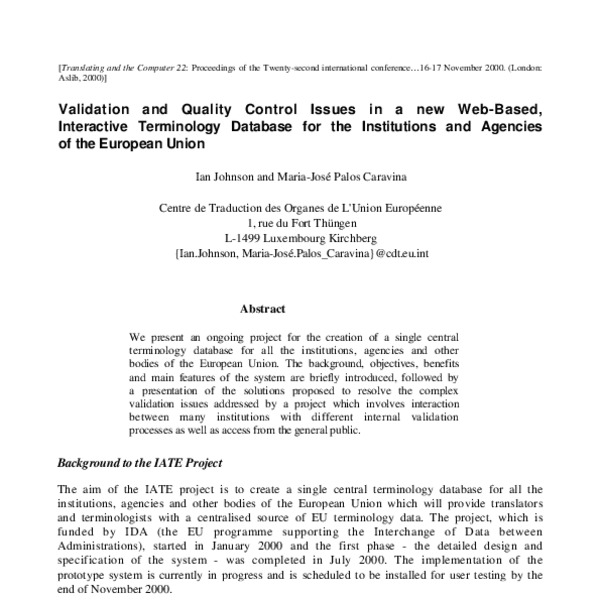 Validation and Quality Control Issues in a new Web-based, Interactive ...