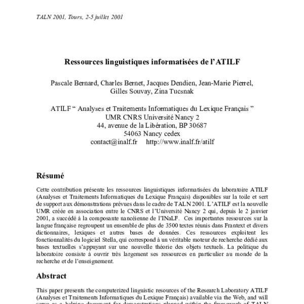 Ressources linguistiques informatisées de l’ATILF - ACL Anthology