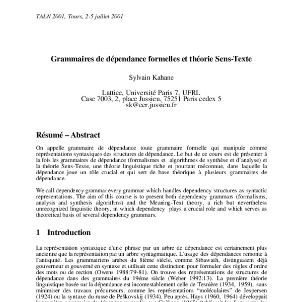 Grammaires de d pendance formelles et th orie Sens-Texte - ACL Anthology