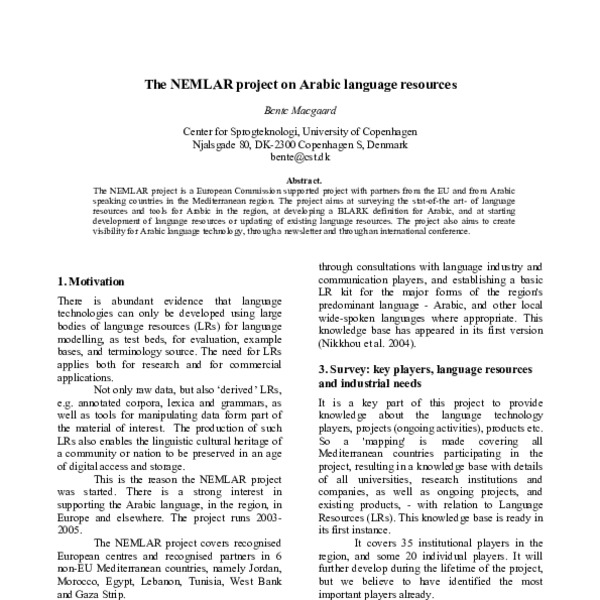 The NEMLAR project on Arabic language resources - ACL Anthology