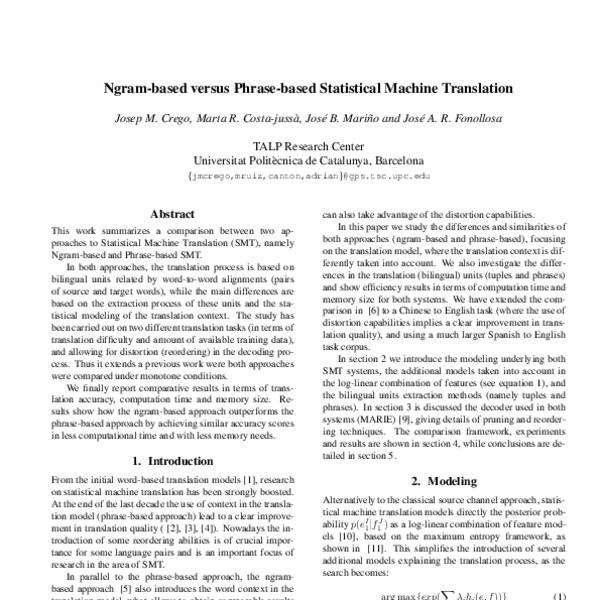 Ngram-based versus Phrase-based Statistical Machine Translation - ACL ...