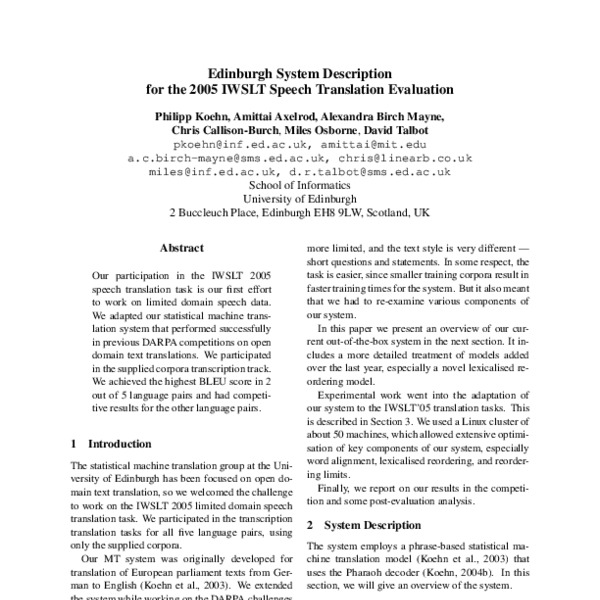Edinburgh System Description for the 2005 IWSLT Speech Translation ...