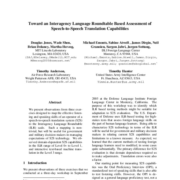 Toward an Interagency Language Roundtable Based Assessment of Speech-to ...