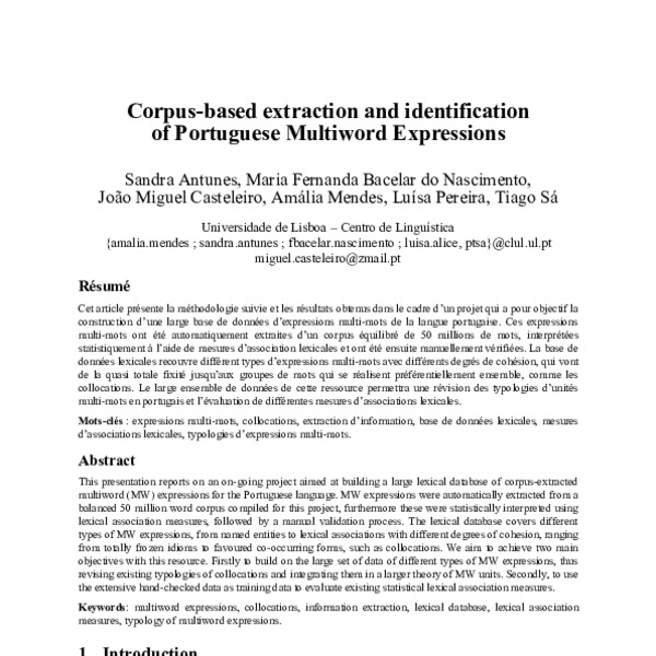 Corpus-based extraction and identification of Portuguese Multiword Expressions - ACL Anthology