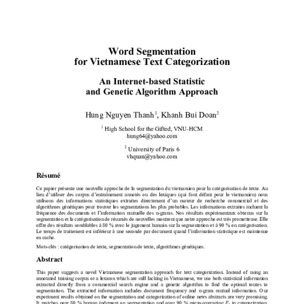 Word Segmentation for Vietnamese Text Categorization An Internet-based Statistic and Genetic ...