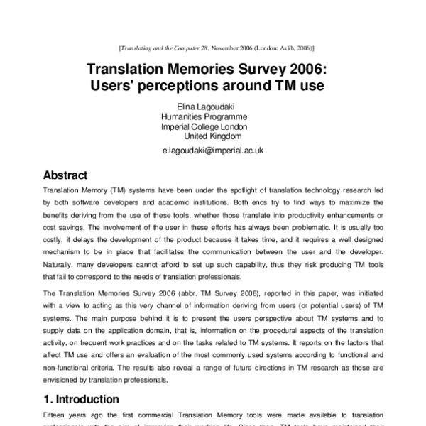 Translation Memories Survey 2006: User’s Perceptions Around TM Usage ...