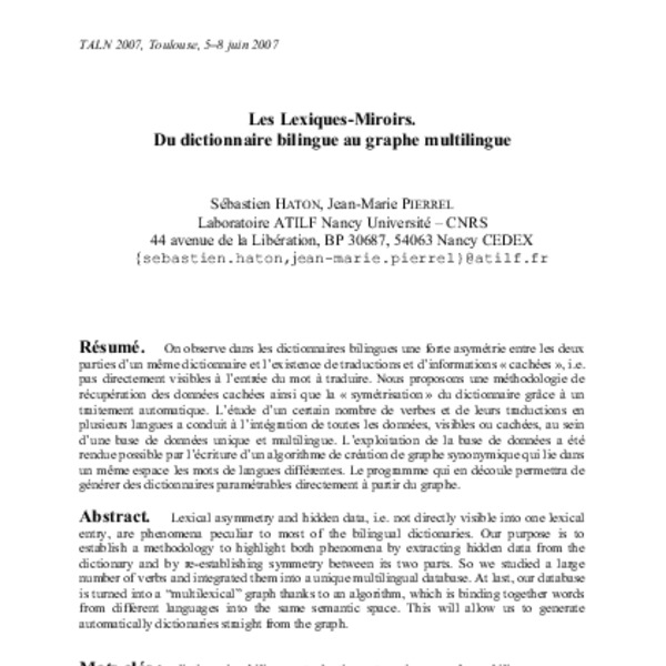 Les Lexiques-Miroirs. Du dictionnaire bilingue au graphe multilingue ...