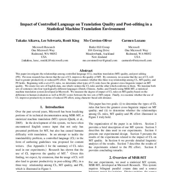 Impact of controlled language on translation quality and post-editing ...