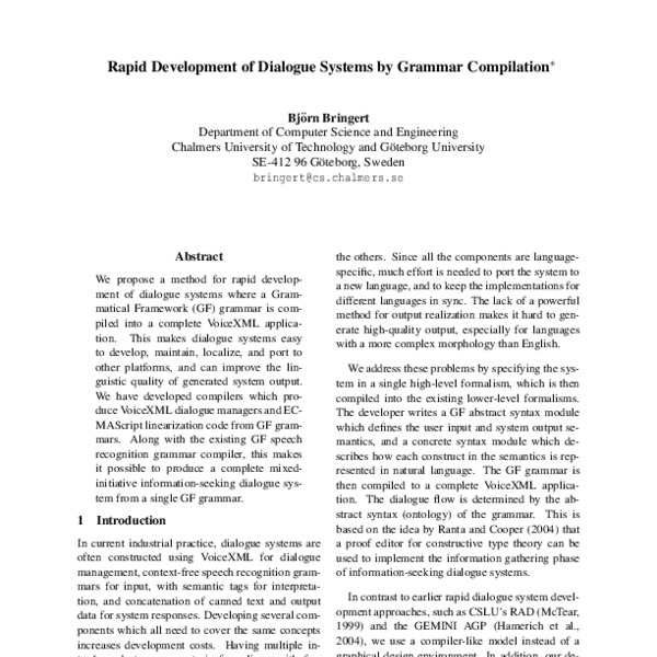 Rapid Development Of Dialogue Systems By Grammar Compilation Acl