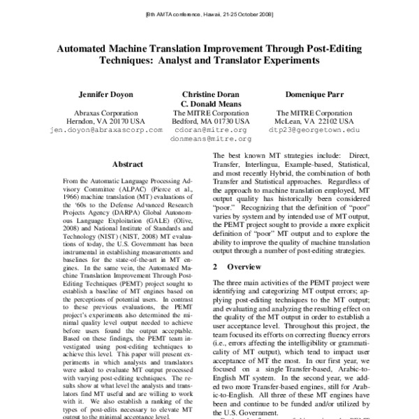 Automated Machine Translation Improvement Through Post-Editing ...