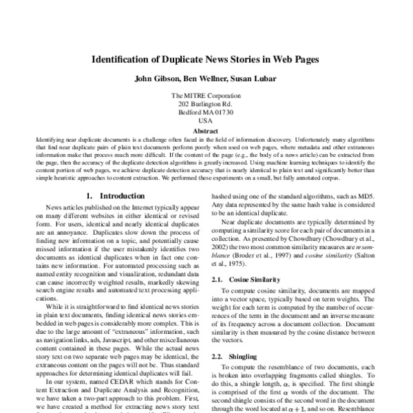 Identification of Duplicate News Stories in Web Pages - ACL Anthology