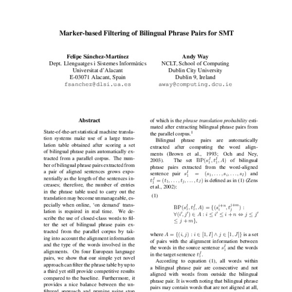 Marker-Based Filtering of Bilingual Phrase Pairs for SMT - ACL Anthology