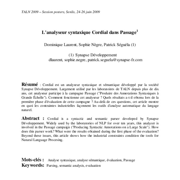 L’analyseur syntaxique Cordial dans Passage - ACL Anthology