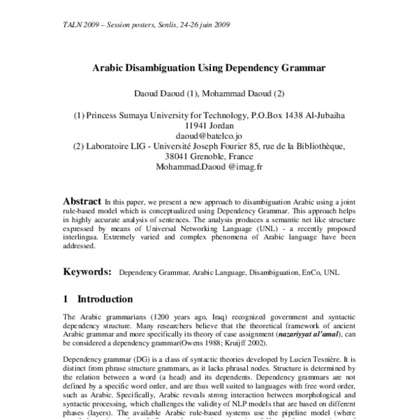 Arabic Disambiguation Using Dependency Grammar - ACL Anthology