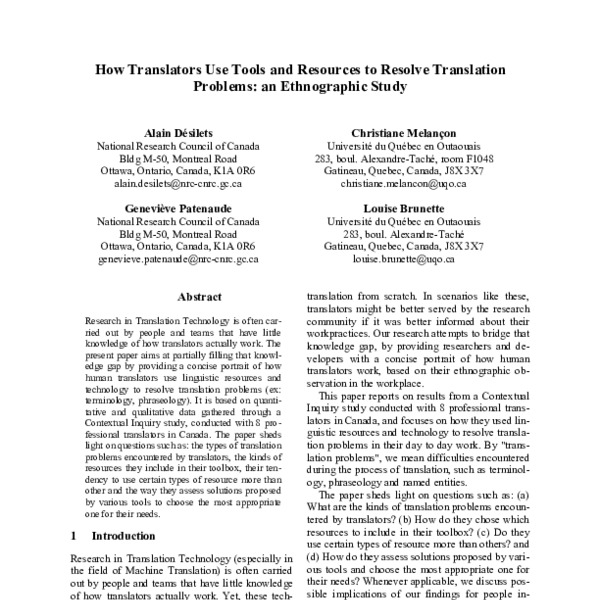 How Translators Use Tools and Resources to Resolve Translation Problems ...