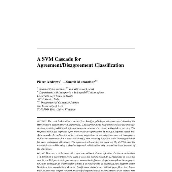 A SVM Cascade for Agreement/Disagreement Classification - ACL Anthology