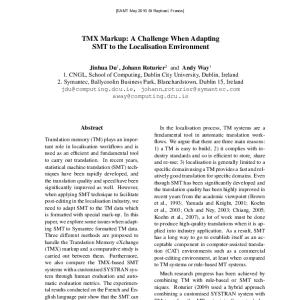 Tmx Markup A Challenge When Adapting Smt To The Localisation
