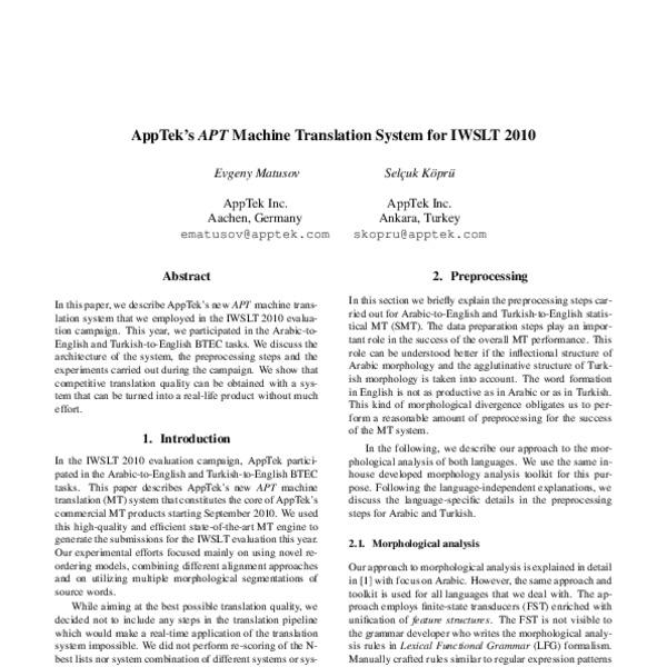 AppTek’s APT machine translation system for IWSLT 2010 - ACL Anthology