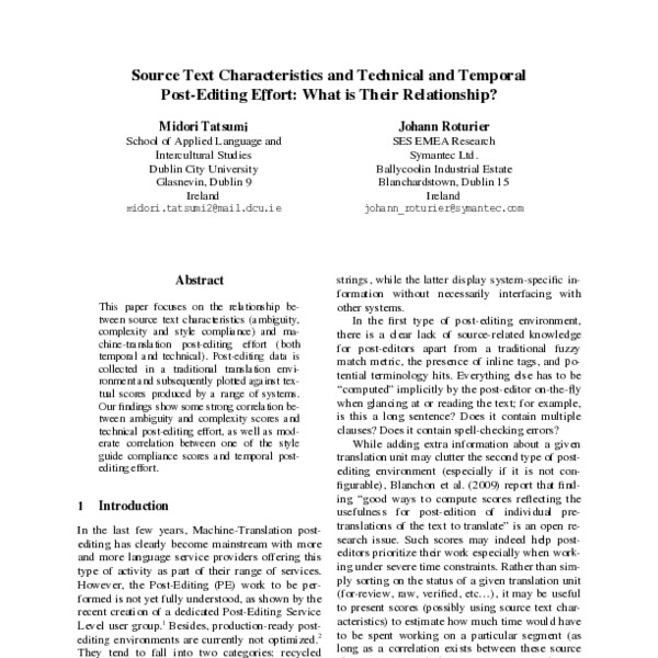 Source Text Characteristics and Technical and Temporal Post-Editing ...