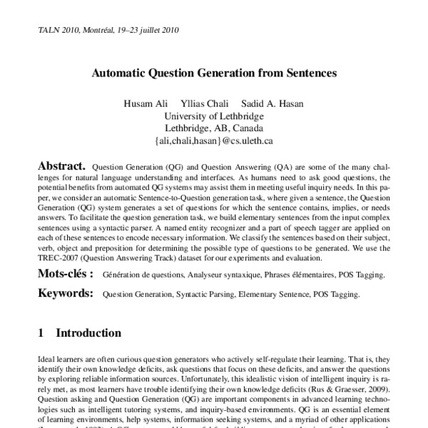 Automatic Question Generation from Sentences - ACL Anthology