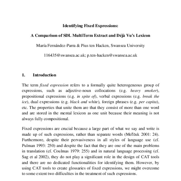 Identifying fixed expressions: a comparison of SDL MultiTerm Extract ...