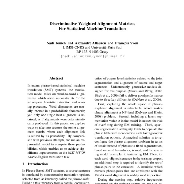 Discriminative Weighted Alignment Matrices For Statistical Machine Translation - ACL Anthology