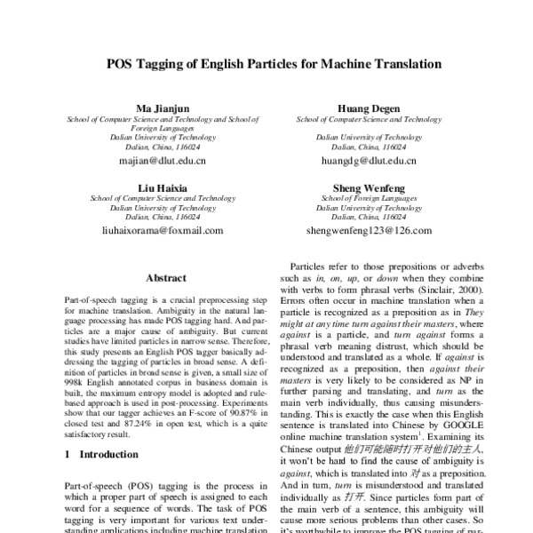 POS Tagging of English Particles for Machine Translation - ACL Anthology