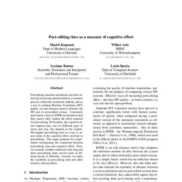 Post-editing time as a measure of cognitive effort - ACL Anthology