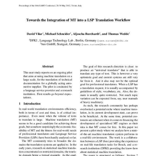 Towards the Integration of MT into a LSP Translation Workflow - ACL ...
