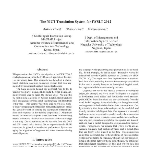 The NICT translation system for IWSLT 2012 - ACL Anthology