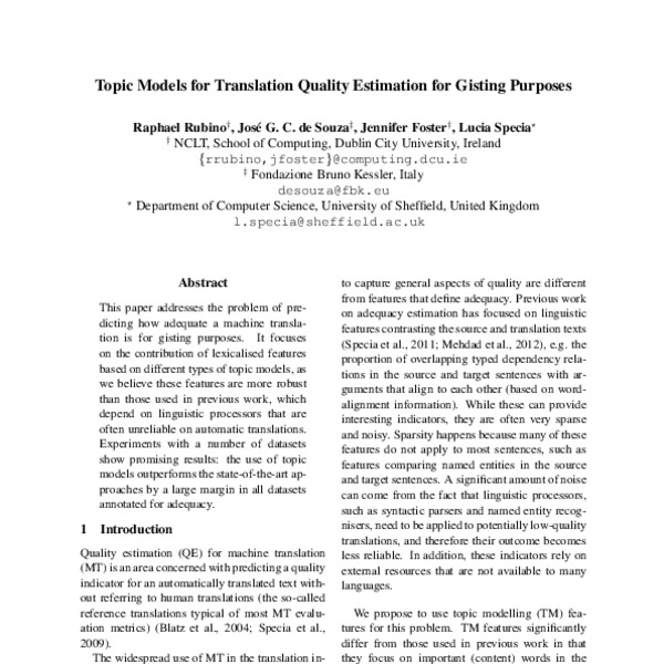 Topic Models for Translation Quality Estimation for Gisting Purposes ...