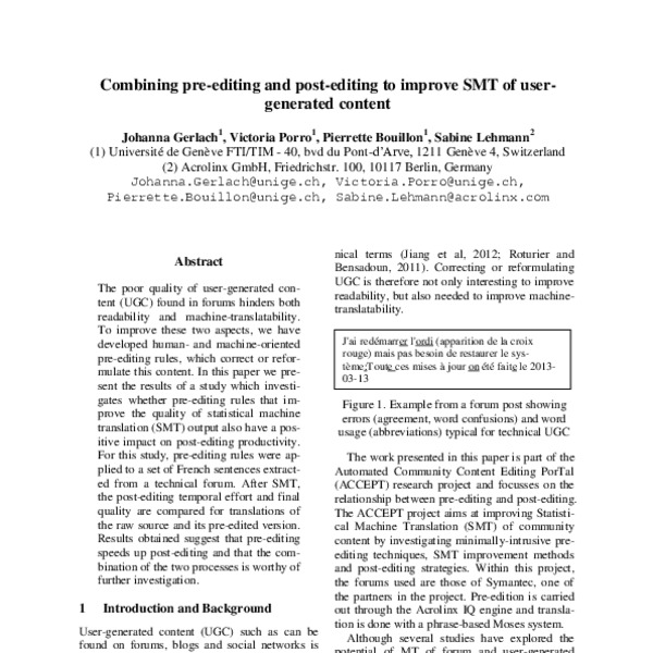 Combining pre-editing and post-editing to improve SMT of user-generated ...