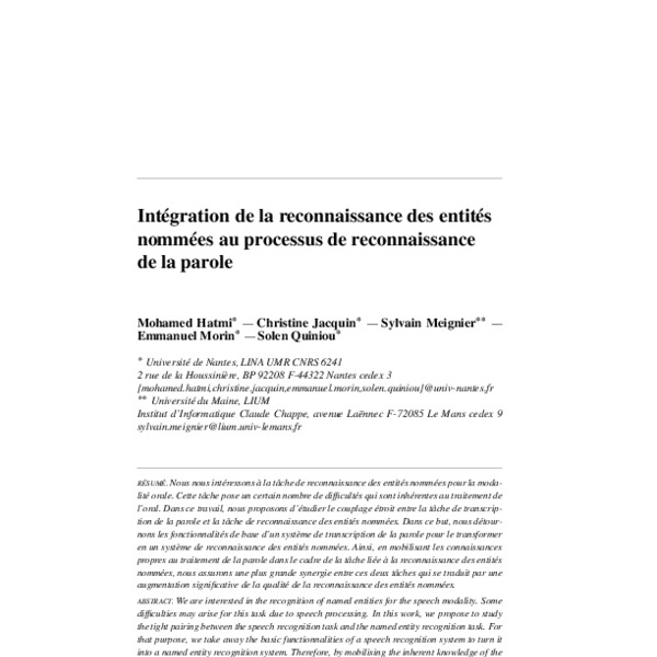Intégration de la reconnaissance des entités nommées au processus de ...