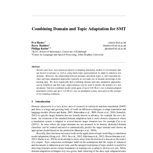 Combining domain and topic adaptation for SMT - ACL Anthology