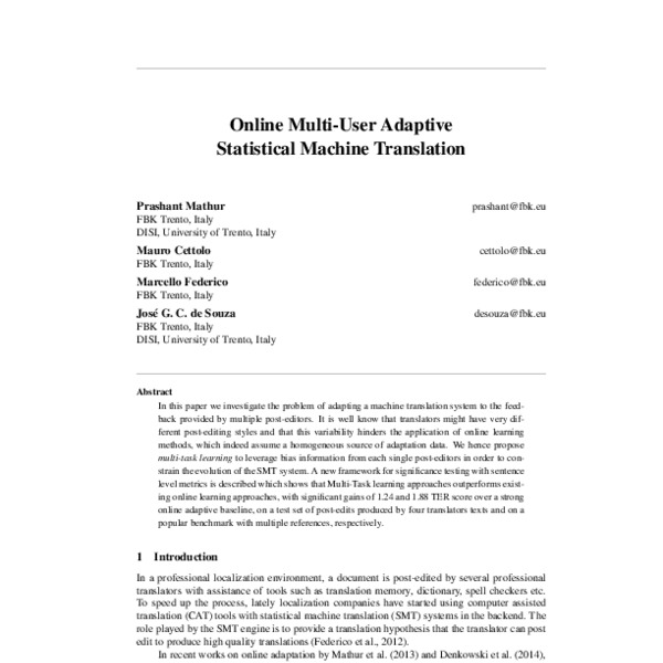 Online multi-user adaptive statistical machine translation - ACL Anthology