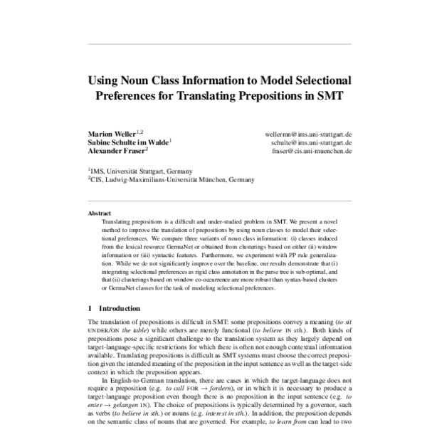Using noun class information to model selectional preferences for translating prepositions in ...