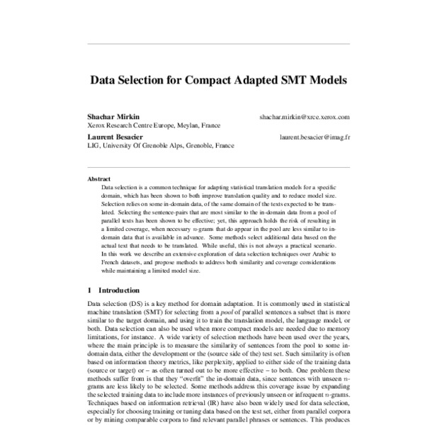 Data selection for compact adapted SMT models - ACL Anthology
