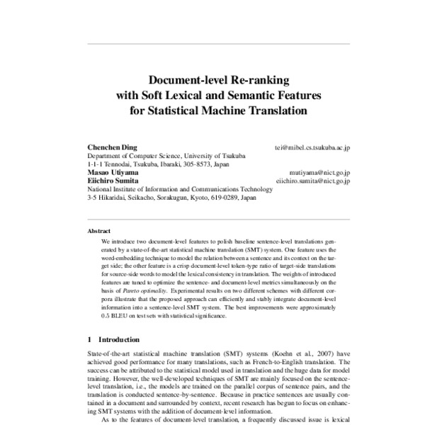 Document-level re-ranking with soft lexical and semantic features for statistical machine ...