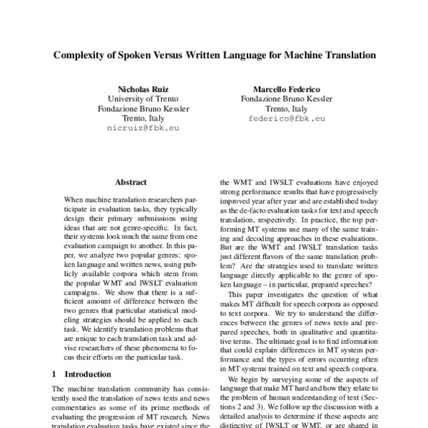 Complexity of spoken versus written language for machine translation ...