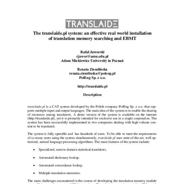 TRANSLAIDE. The translaide.pl system: an effective real world ...