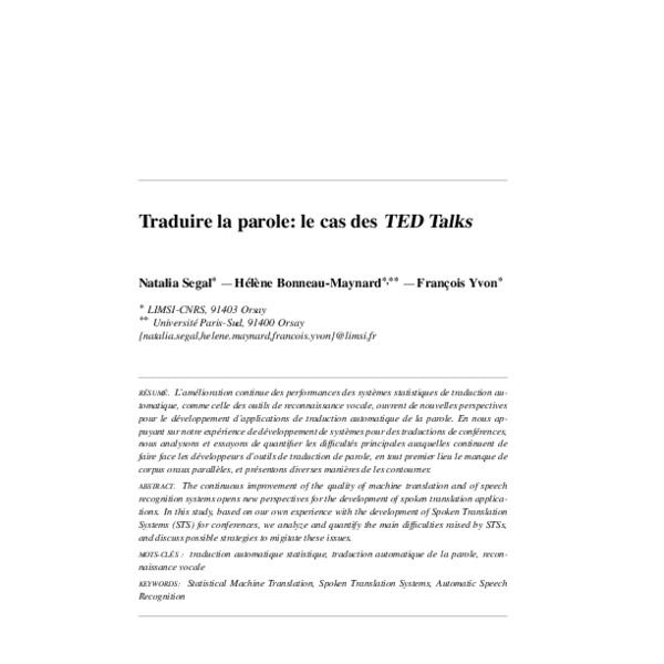 Traduire la parole: le cas des TED Talks [Speech translation: the TED ...