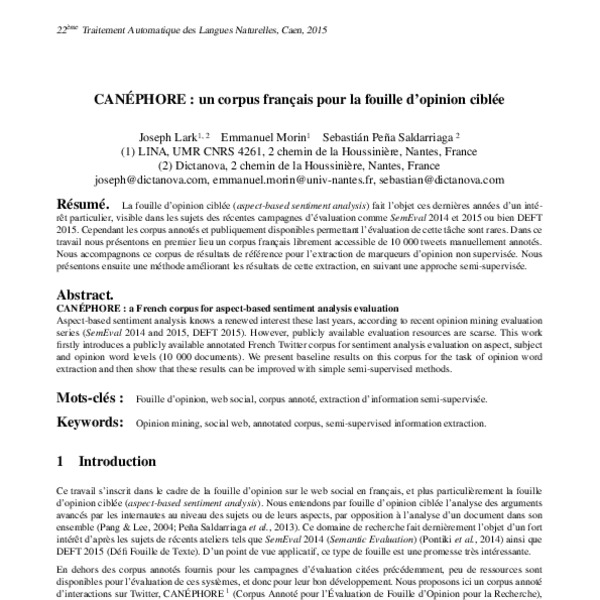 CANÉPHORE : un corpus français pour la fouille d’opinion ciblée - ACL ...