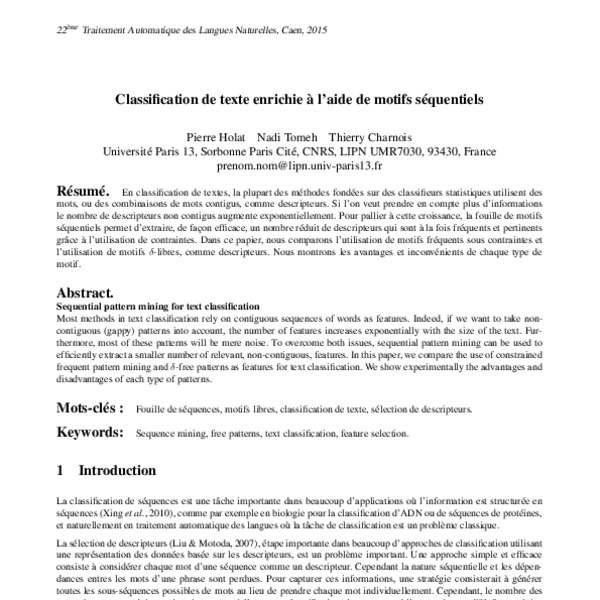 Classification de texte enrichie à l’aide de motifs séquentiels - ACL ...